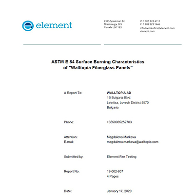 ASTM E 84 Surface Burning Characteristics of Walltopia Fiberglass ...